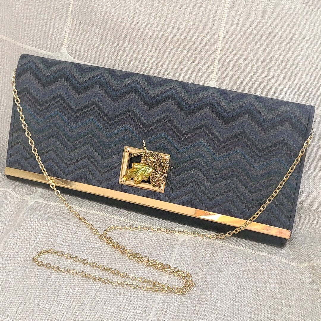 Vintage Chevron Clutch Purse With Chain Strap, Rhinestone Brooch - Etsy