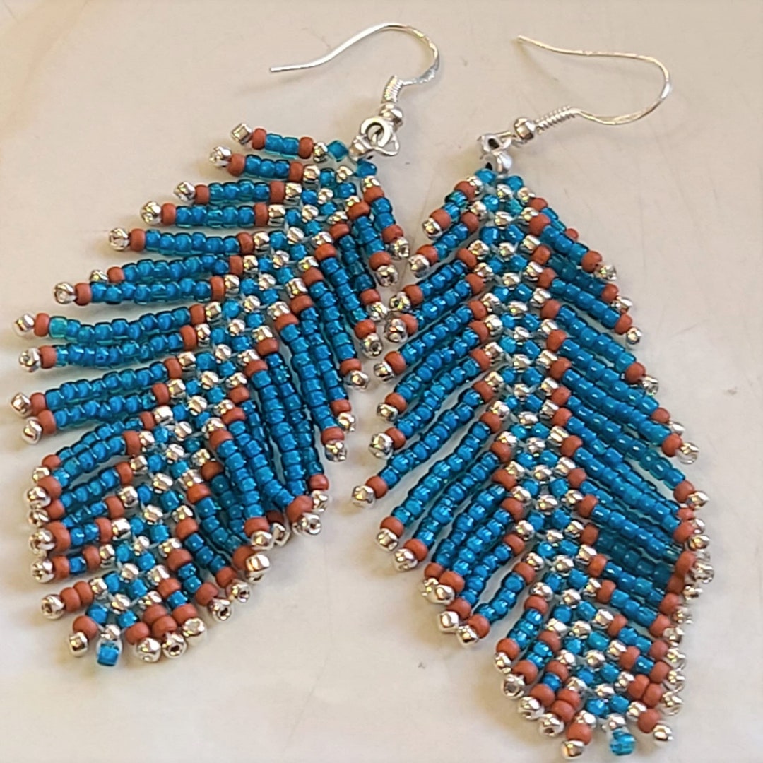 Handmade Glass Seed Bead Feather Earrings, Beaded Feather Earrings ...