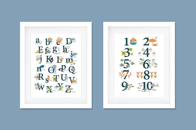 Ocean Alphabet Poster & Matching Numbers, Nursery Print, Ocean Theme ...