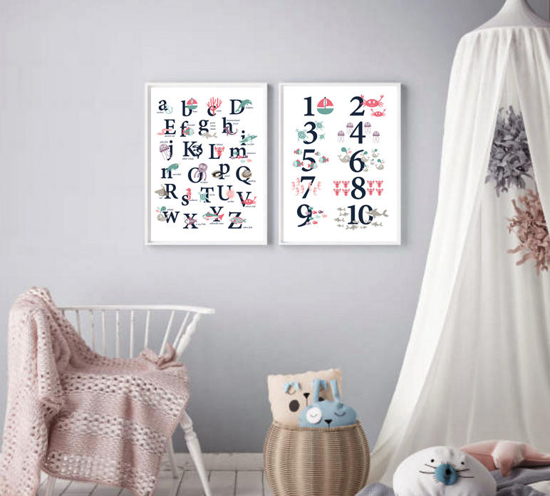 Ocean Alphabet Poster & Matching Numbers Pink, Nursery Print, Safari ...