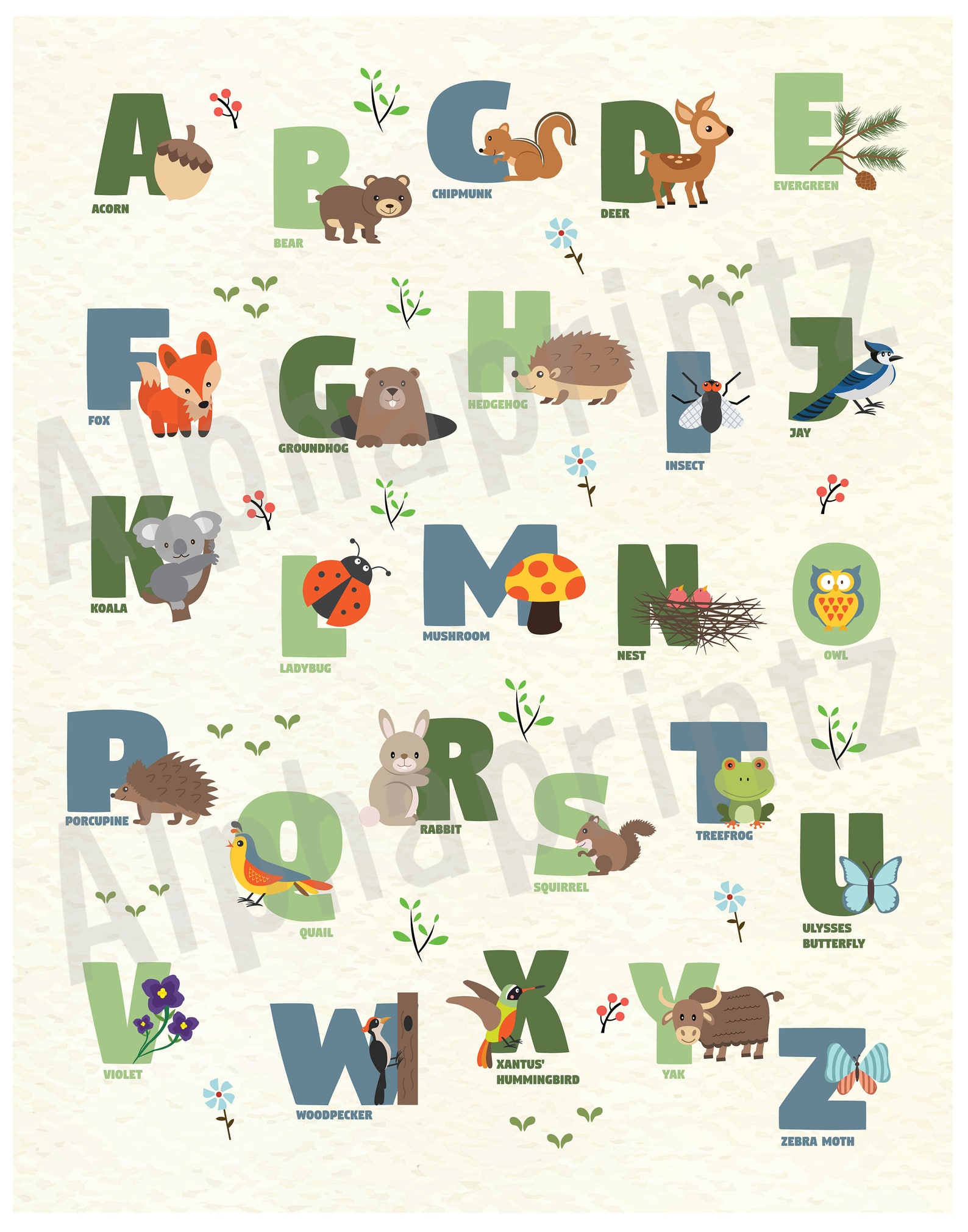 Woodland Animals Alphabet Poster, Nursery Print, Music Theme, Printable ...