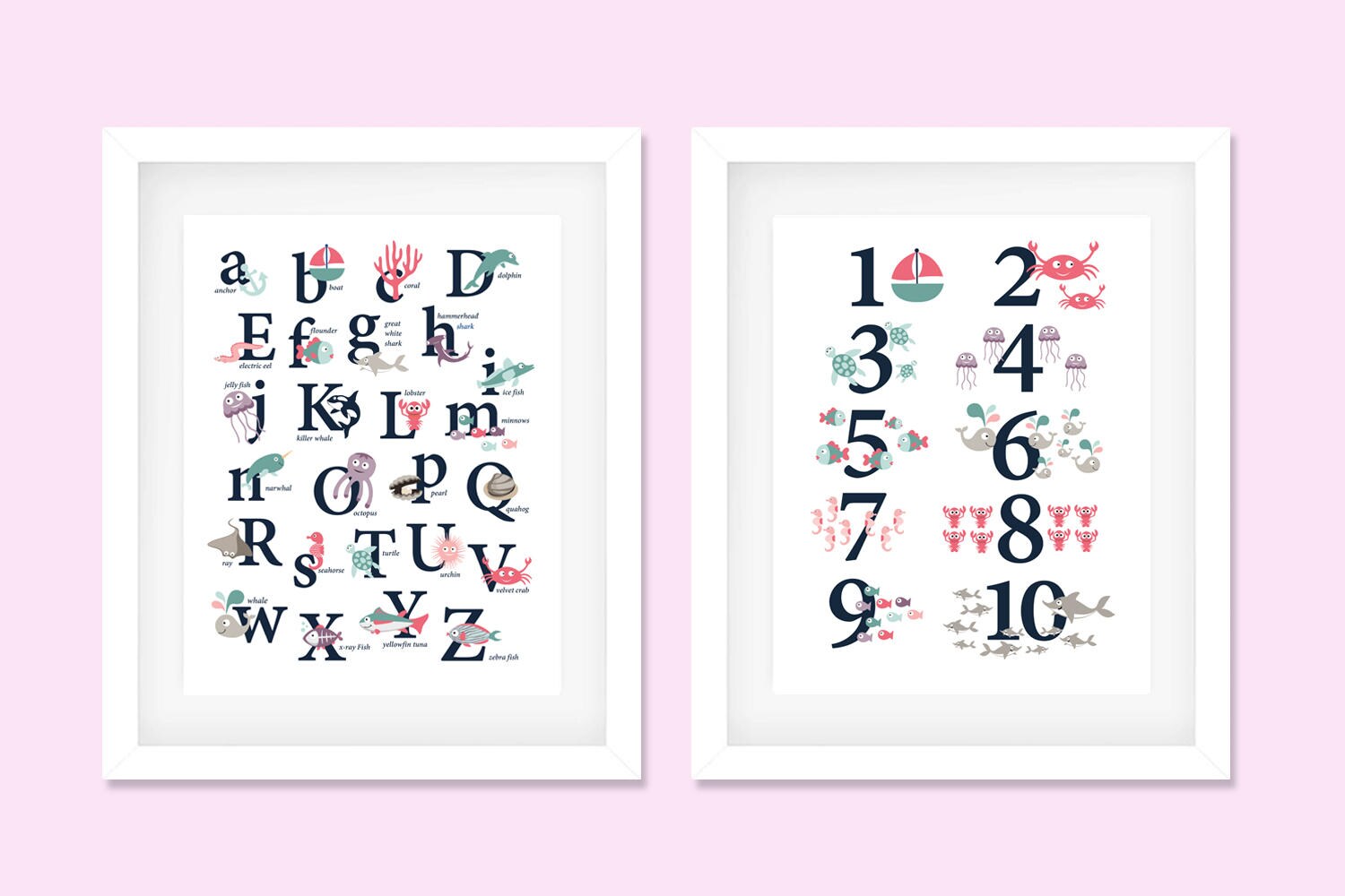 Ocean Alphabet Poster & Matching Numbers Pink, Nursery Print, Safari ...