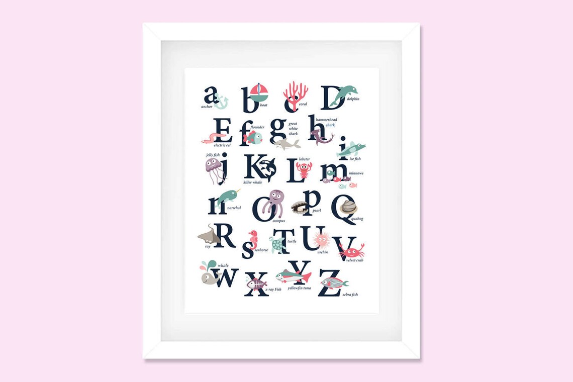Ocean Alphabet Poster Pink, Nursery Print, Ocean Theme, Printable ...