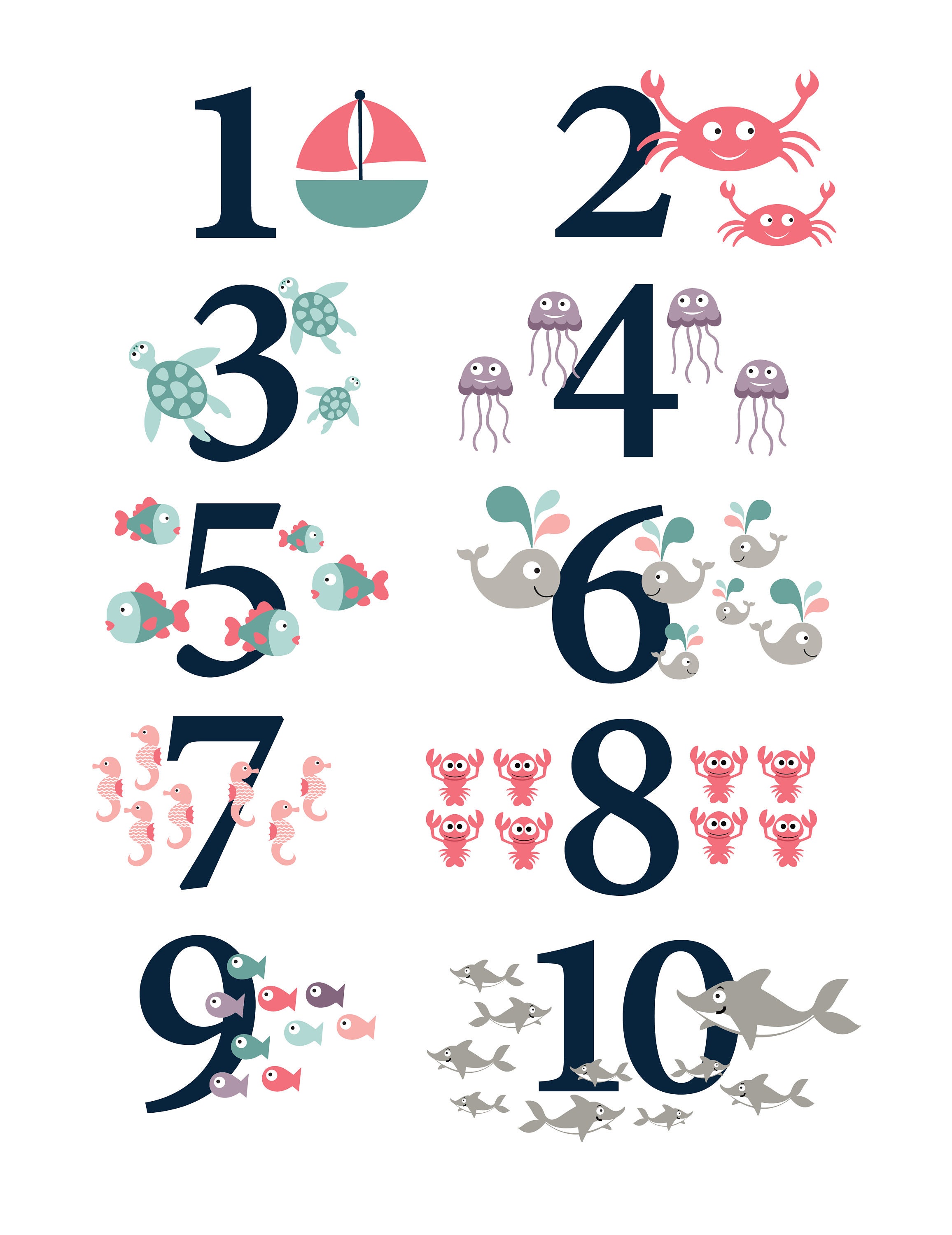 Ocean Alphabet Poster & Matching Numbers Pink, Nursery Print, Safari ...
