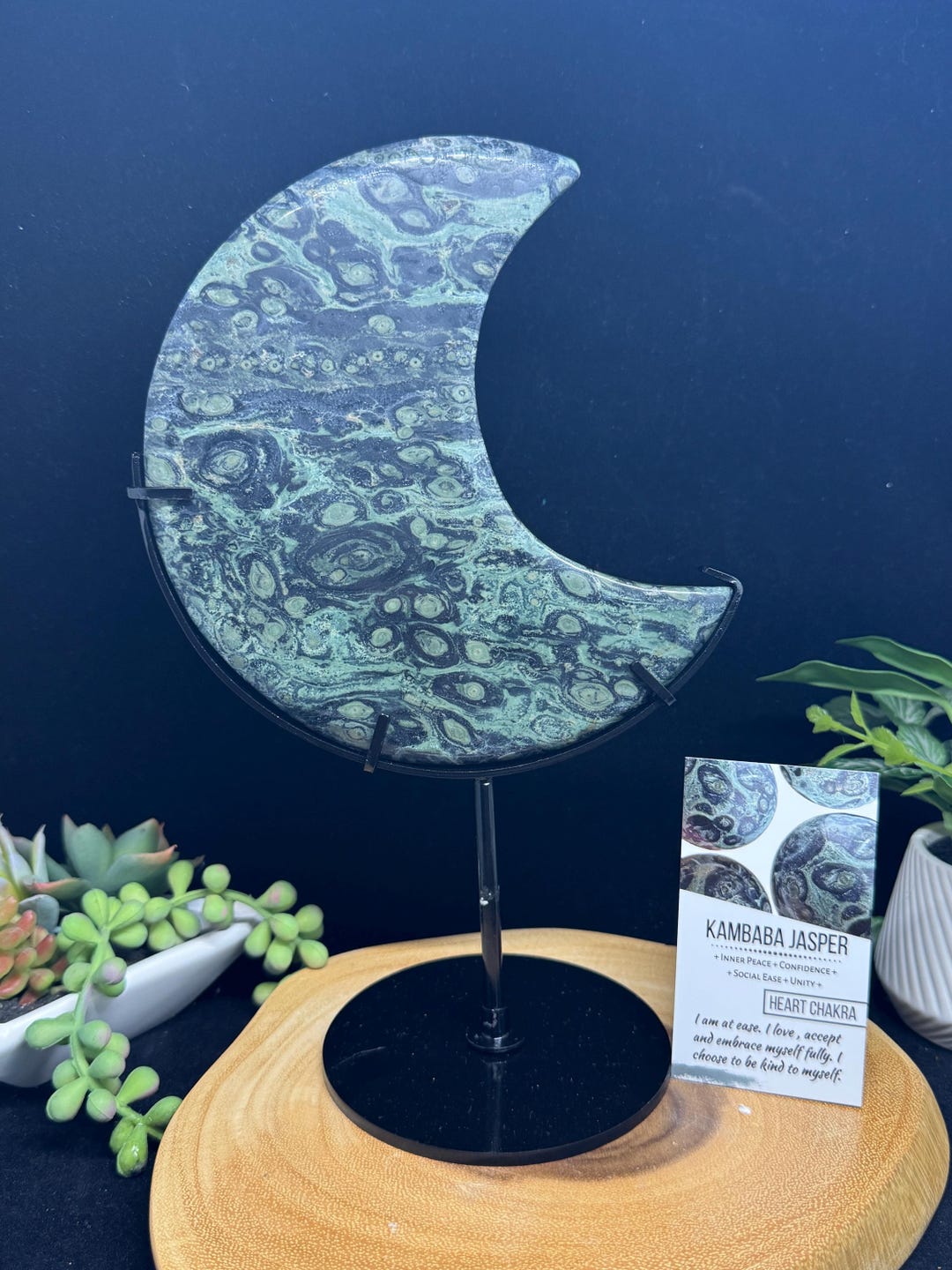 Kambaba Jasper Crescent Moon With Custom Metal Stand – 10" | Includes ...