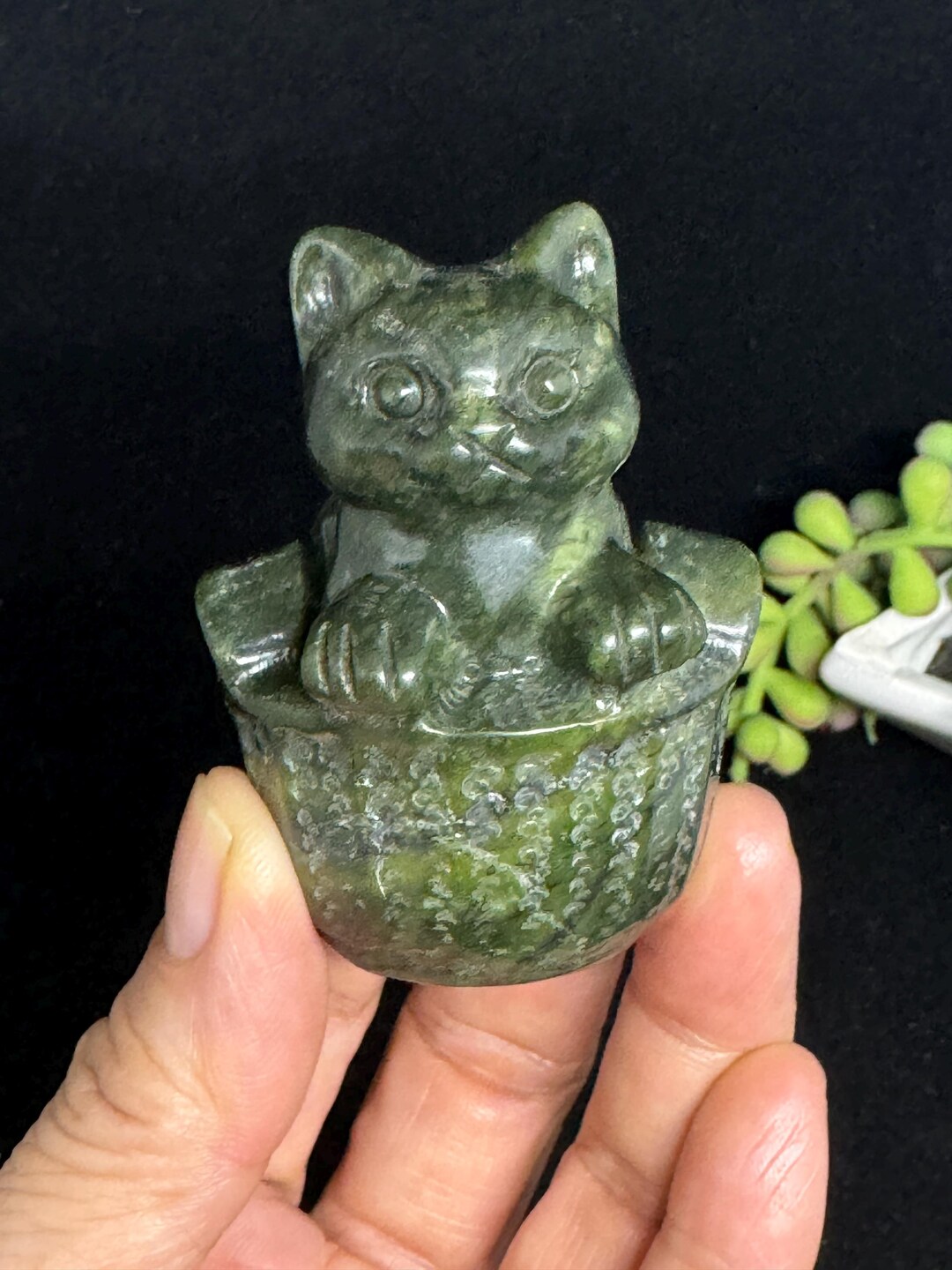 Nephrite Jade Kitty Cat in a Basket Carving TA16 Love Stone Spirit ...