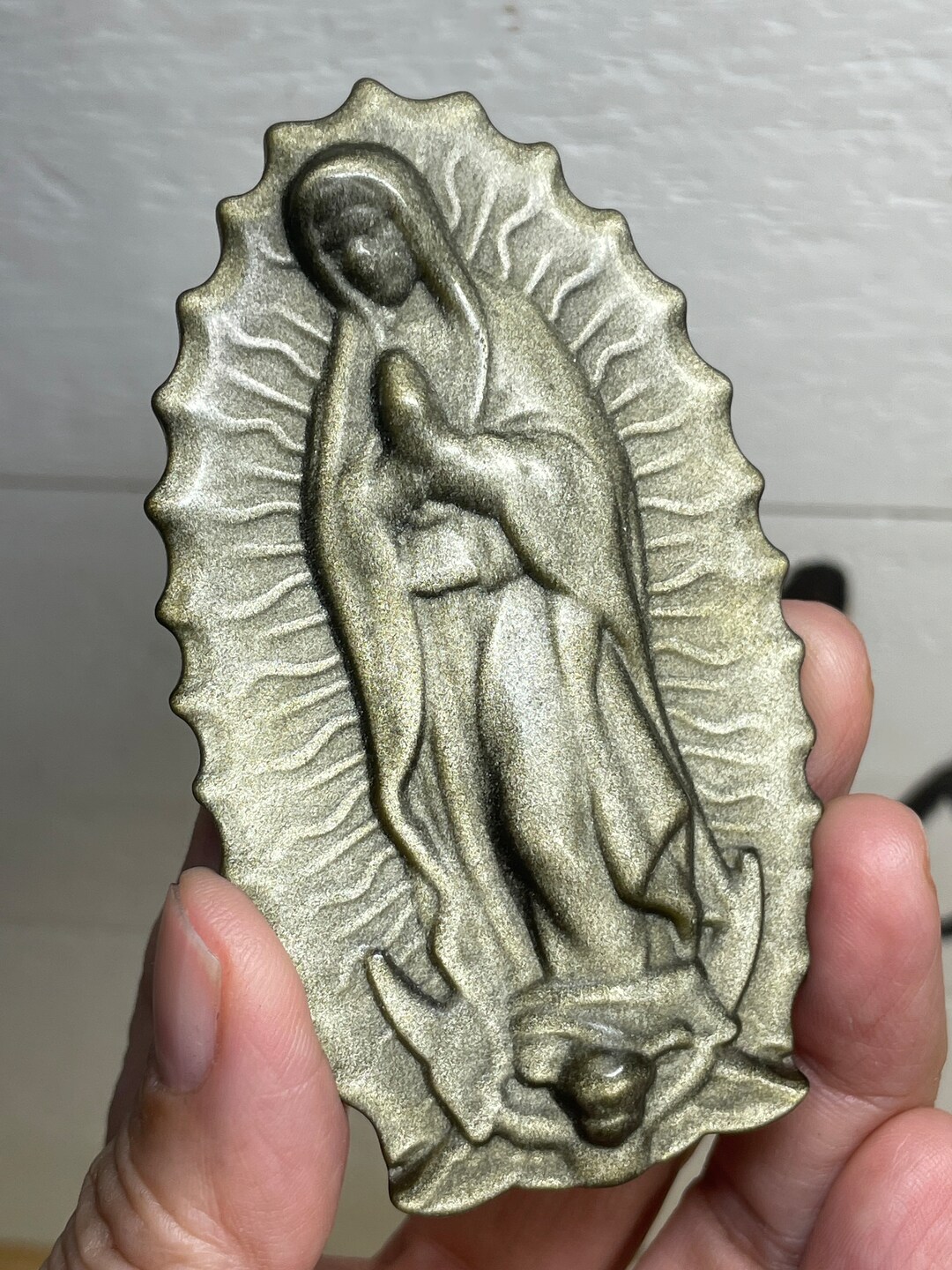 Gold Sheen Black Obsidian Our Lady of Guadalupe Mary Medallion With ...