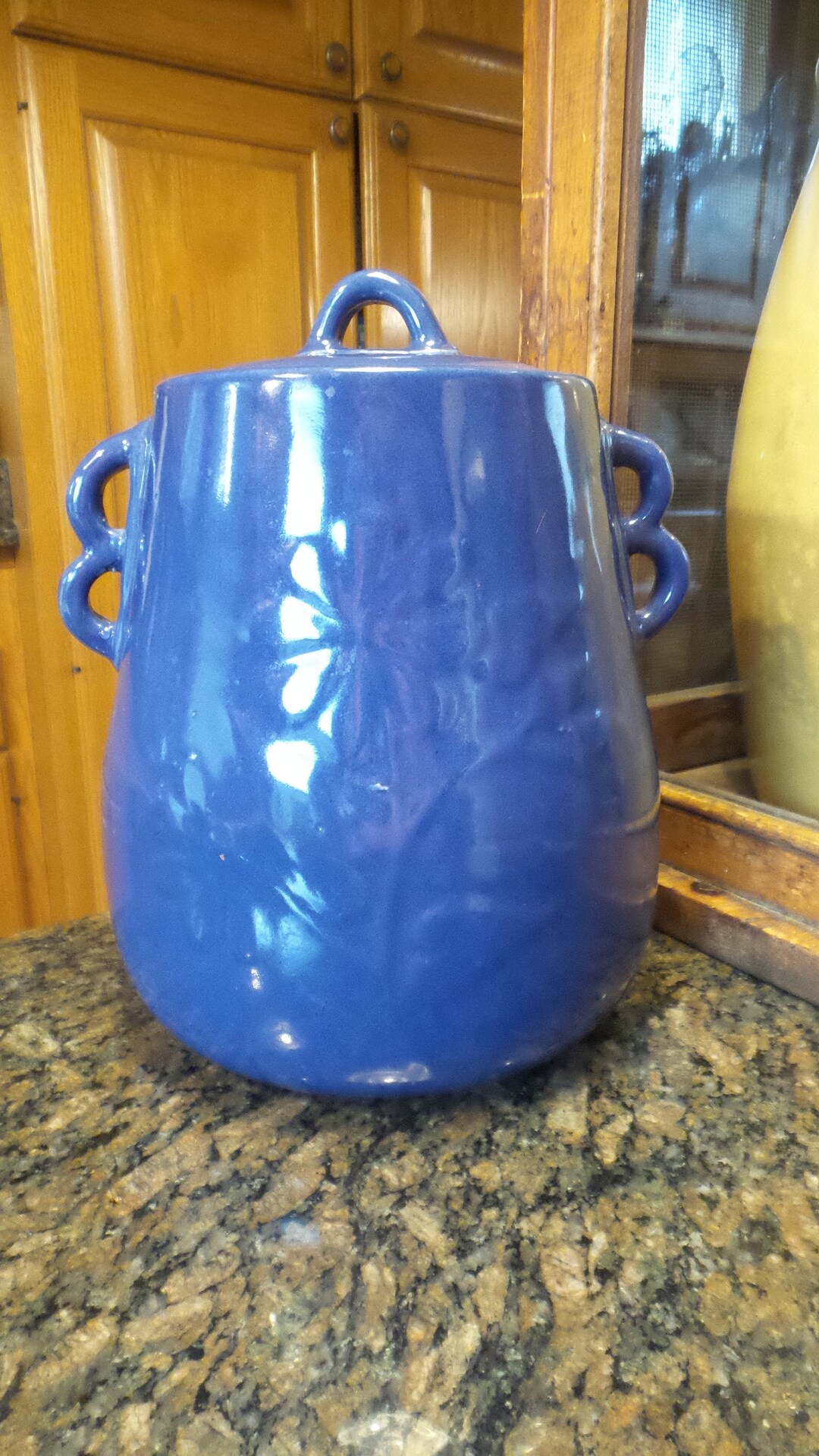 Antique Pottery Blue COOKIE JAR Embossed Flower, Handles, Old and ...
