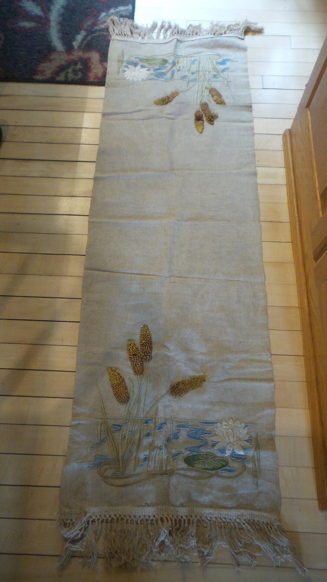 Antique Linen Embroidered RUNNER Water Lily & Cattails, Fringed, Ecru ...