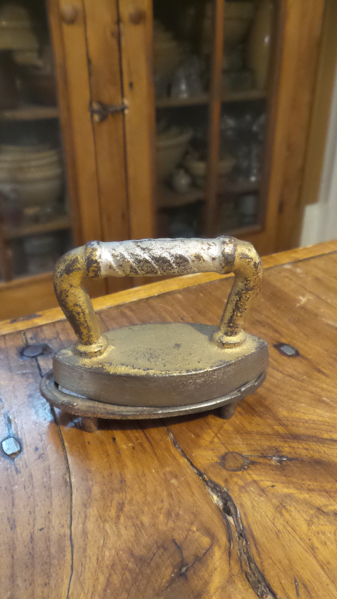 Antique Miniature Toy SAD IRON and TRIVET Wood Handle, Cast Iron Trivet ...