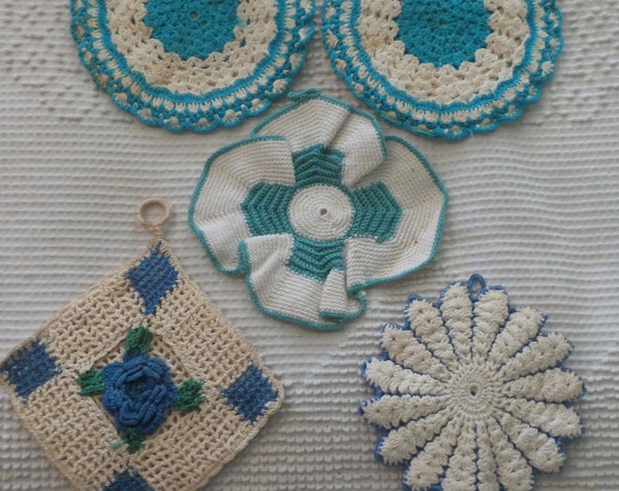 Lot of 5 Vintage CROCHETED POT HOLDERS Turquoise, Blue, Handmade - Etsy
