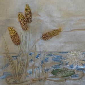 Antique Linen Embroidered RUNNER Water Lily & Cattails, Fringed, Ecru ...