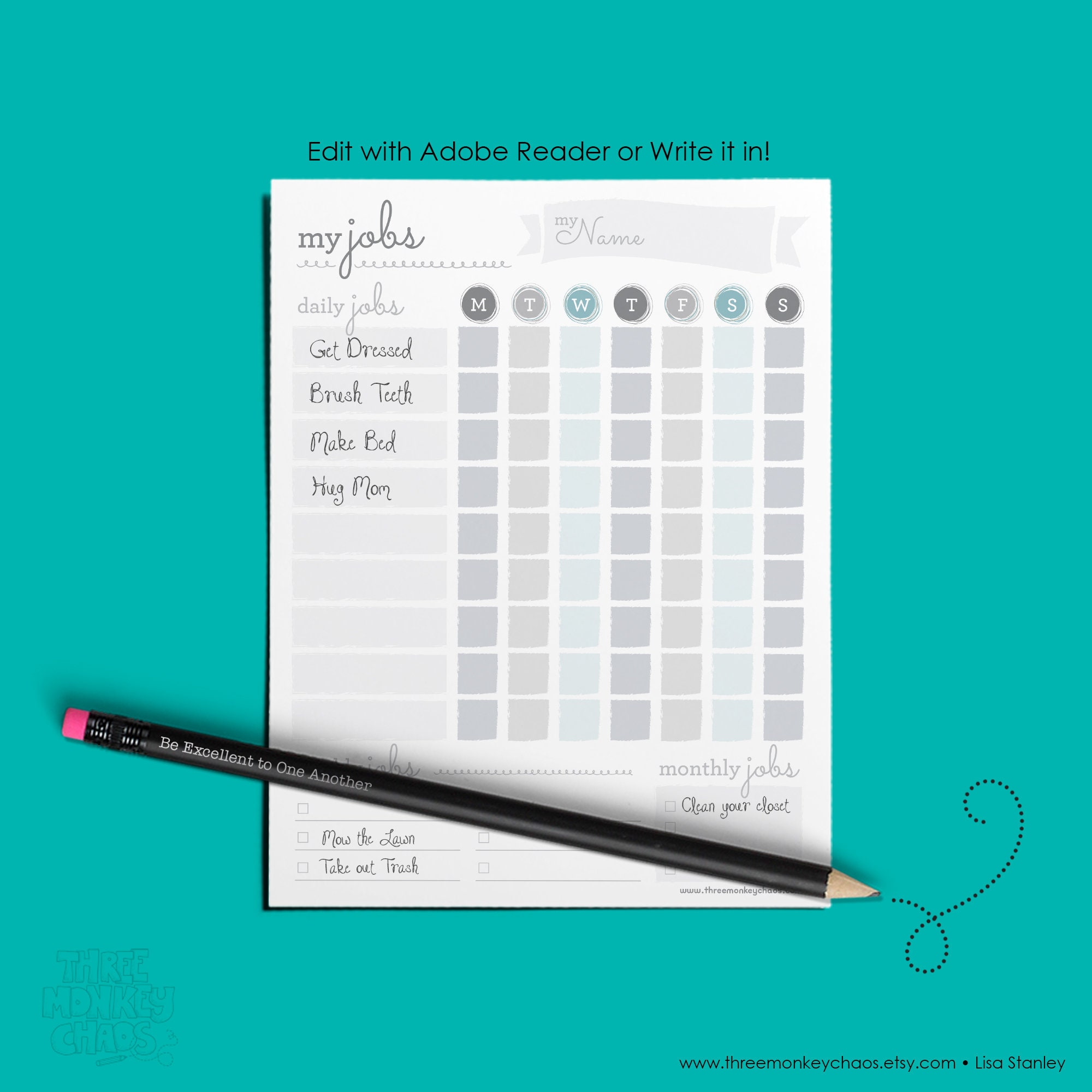 PRINTABLE Job Chart Gray Daily Weekly Monthly Chore - Etsy