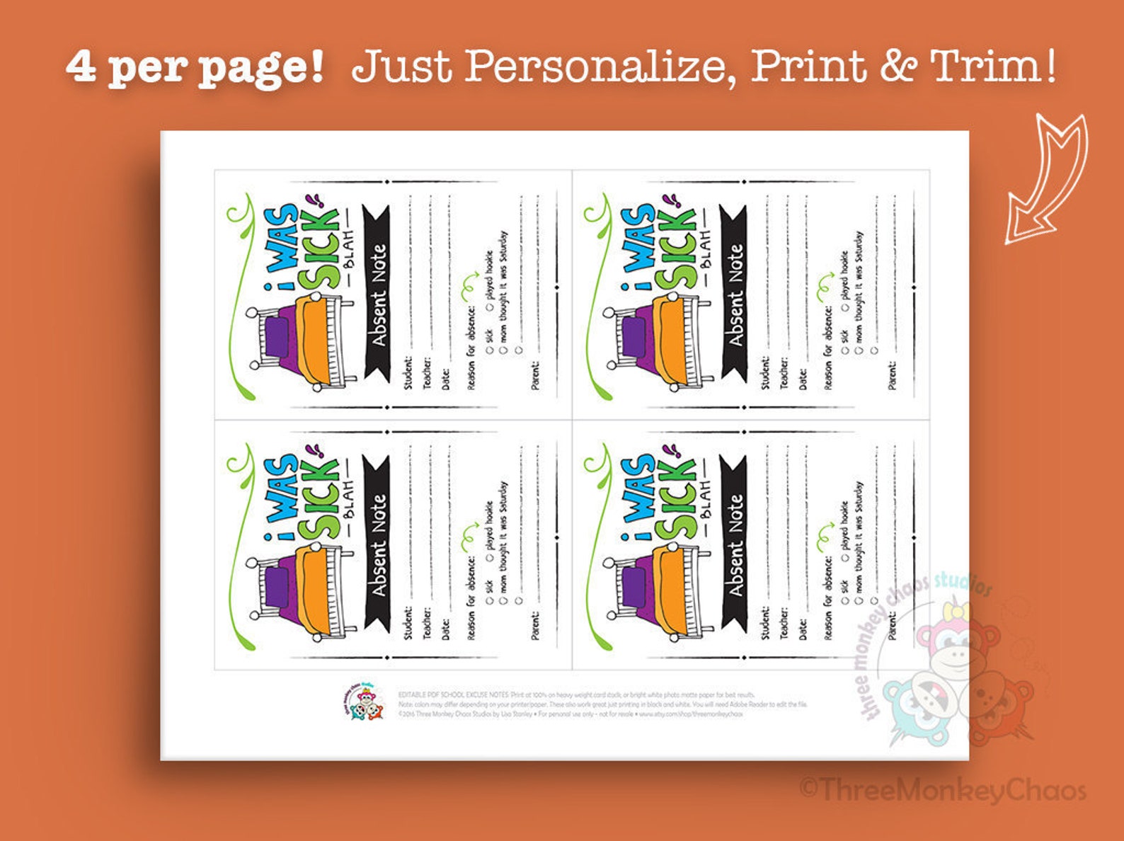 Absent /sick Note | School Excuse Note | Note for Teacher | Editable ...