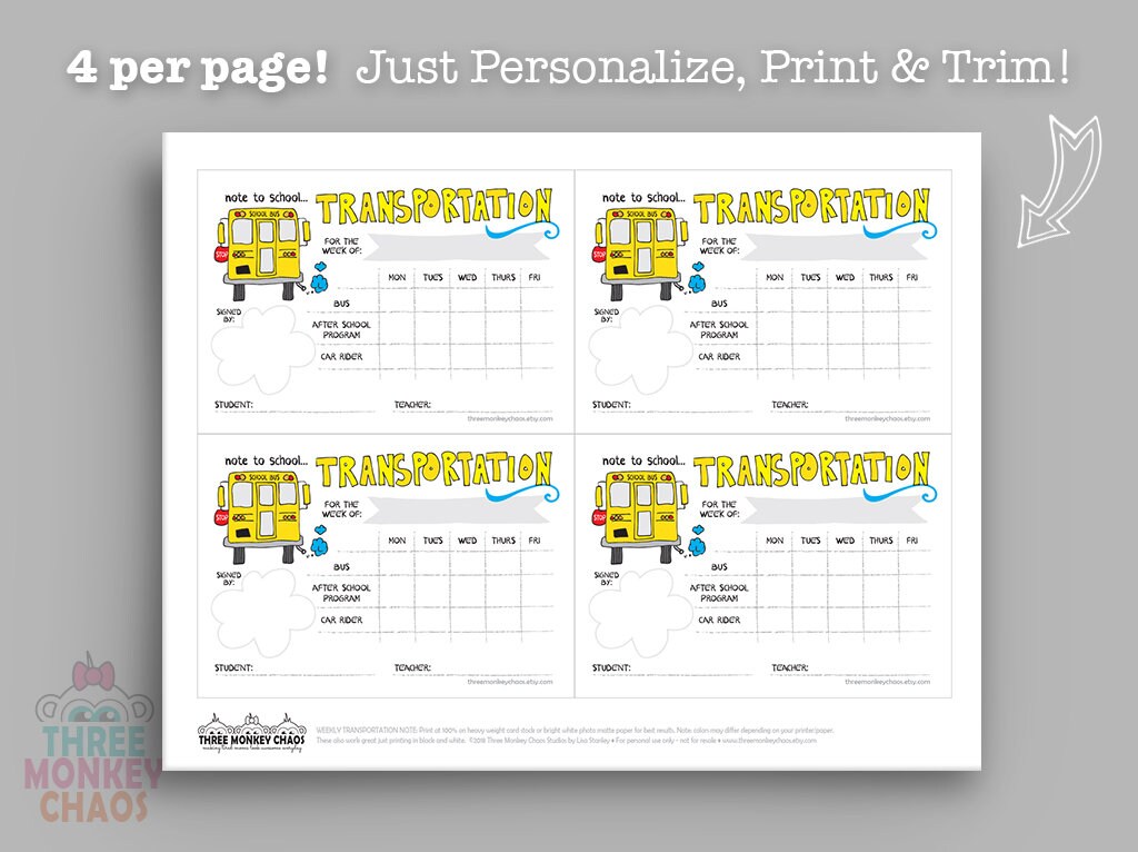 Weekly Transportation Note | Bus Note | After School Program | Car ...