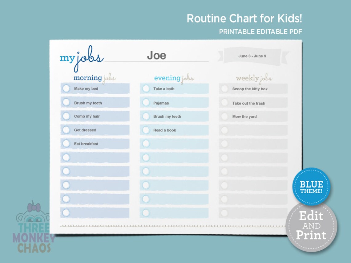 Blue Routine Chart for Kids Morning Evening Weekly Jobs - Etsy