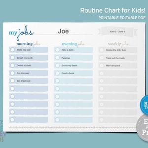 Blue - Routine Chart for Kids | Morning, Evening, Weekly Jobs | Daily ...