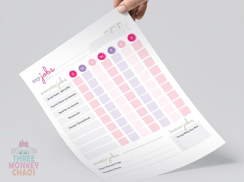 Printable Chore Chart - PINK | Daily, Weekly, Bonus Job Chart | Kids ...