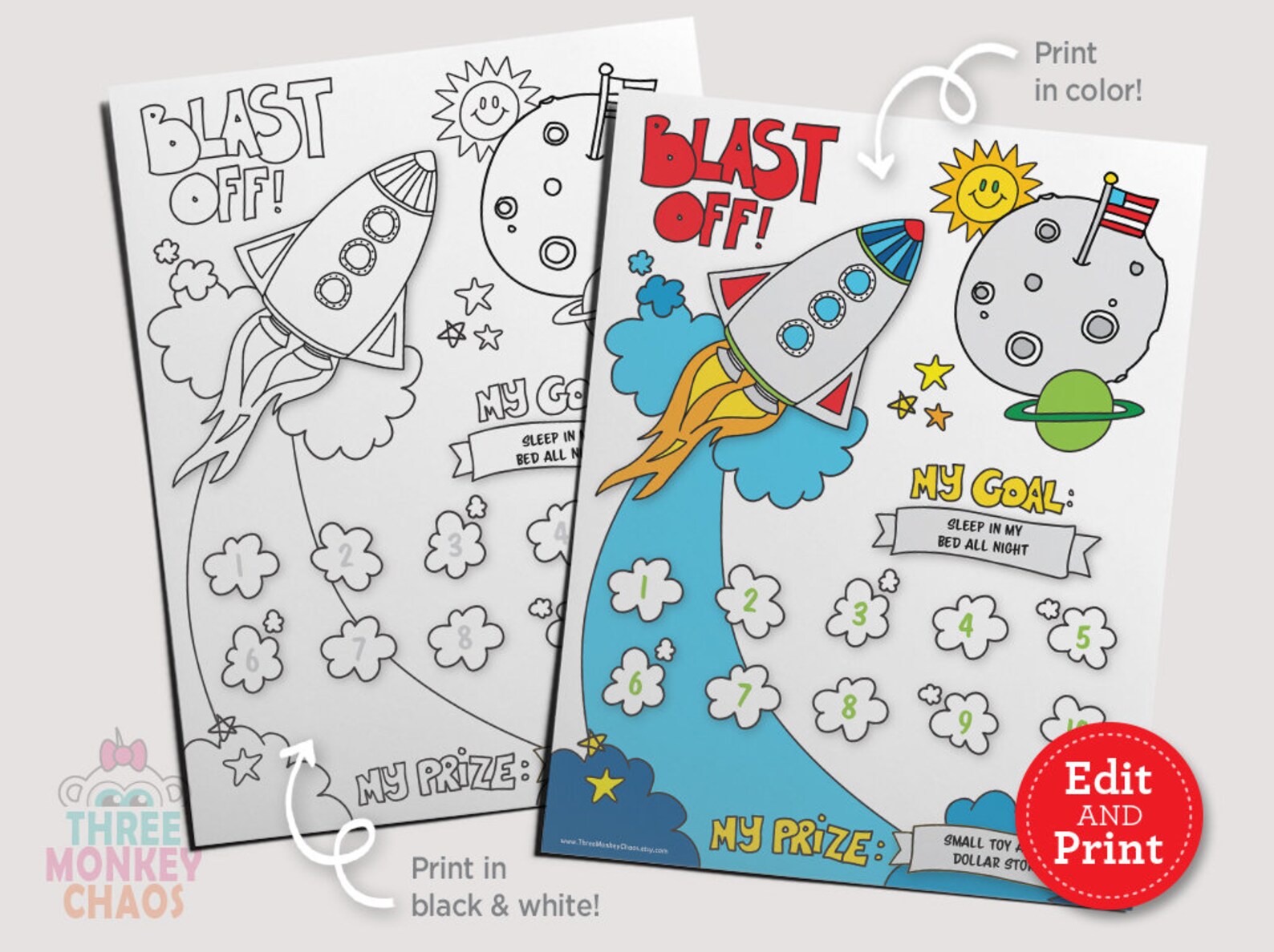 10 Tasks Rocket Ship Reward Chart for Kids, Chore Chart, Good Behavior ...