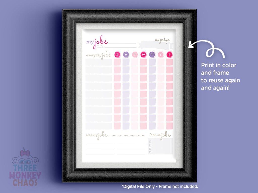 Printable Chore Chart - PINK | Daily, Weekly, Bonus Job Chart | Kids ...