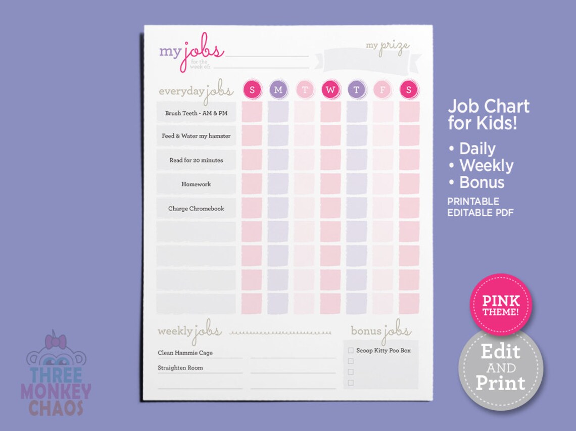 Printable Chore Chart - PINK | Daily, Weekly, Bonus Job Chart | Kids ...