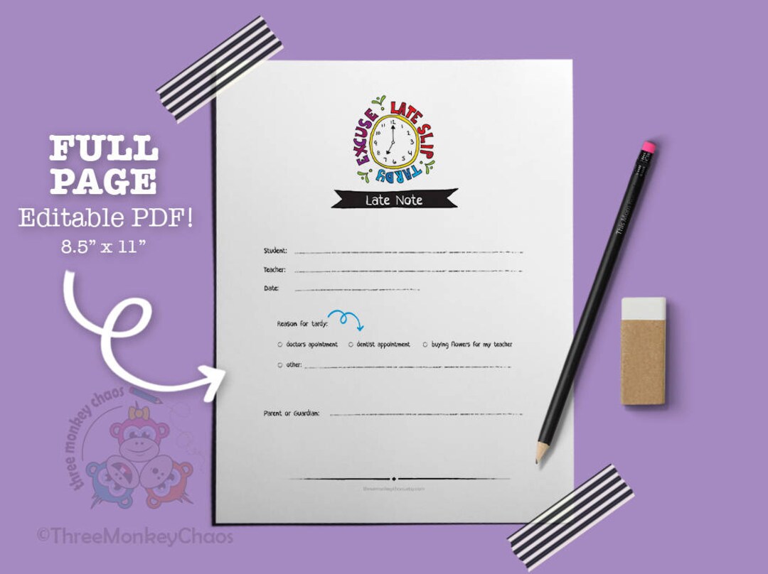 FULL PAGE - Late Note / Tardy Note | School Excuse Note | Note for ...