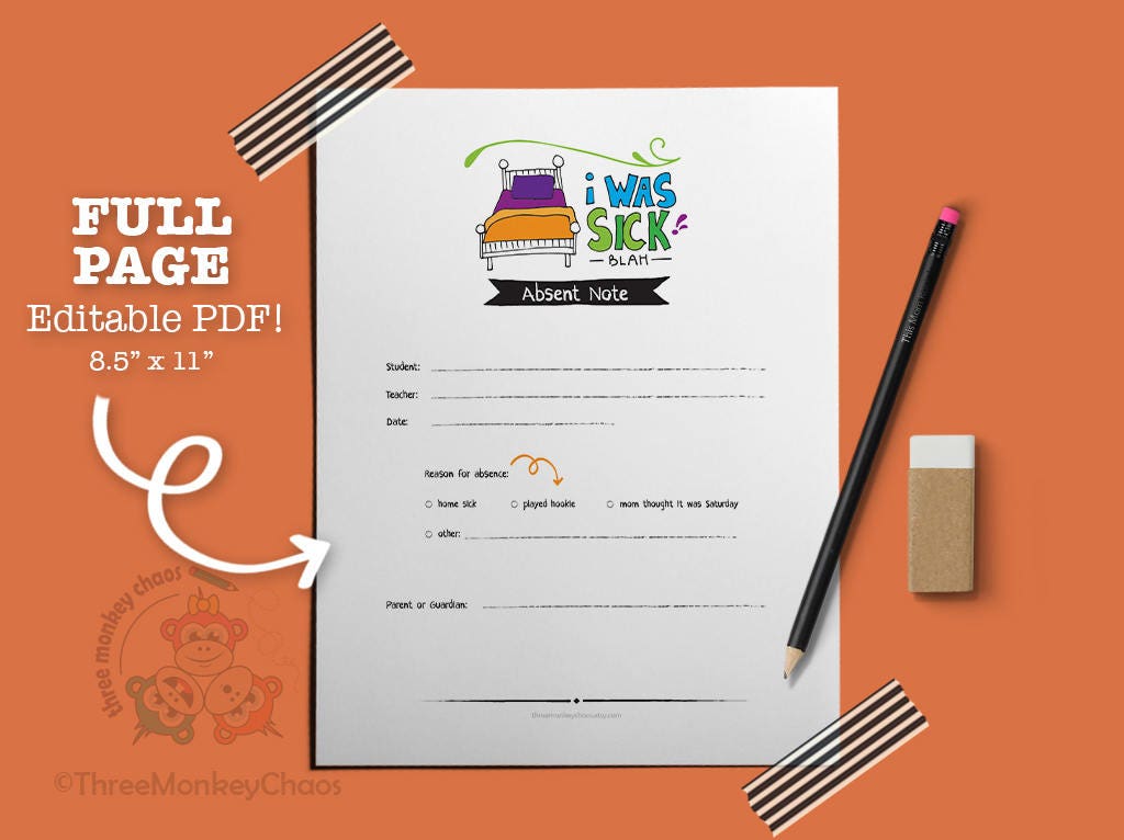 FULL PAGE - Sick Note / Absent Note | School Excuse Note | Note for ...