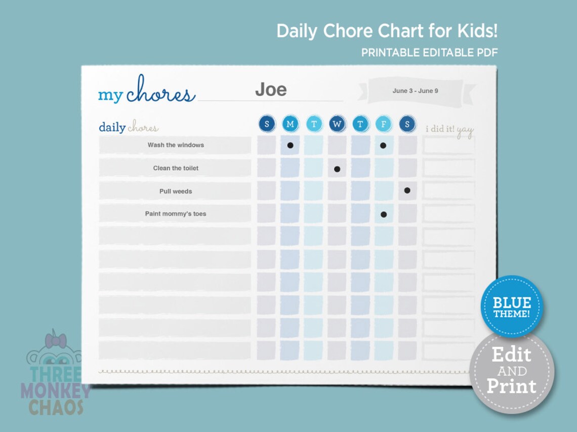 Blue Chore Chart for Kids Weekly Chores Daily Job Chart Kids Rewards ...