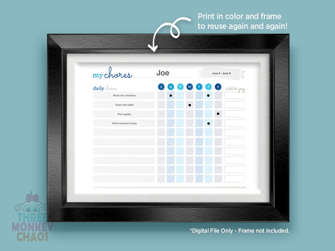 Blue Chore Chart for Kids Weekly Chores Daily Job Chart Kids Rewards ...