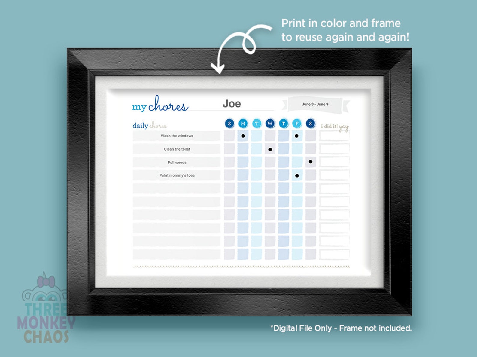 Blue Chore Chart for Kids Weekly Chores Daily Job Chart Kids Rewards ...