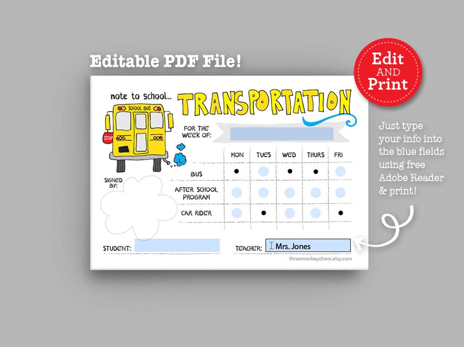 Weekly Transportation Note | Bus Note | After School Program | Car ...