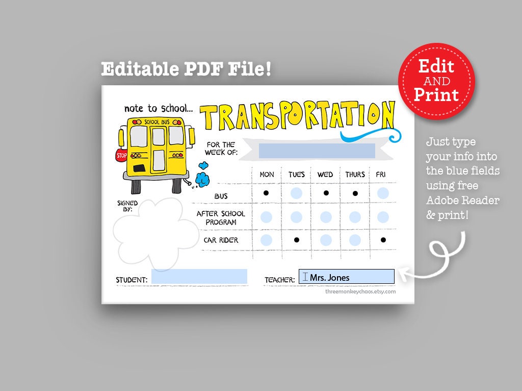 Weekly Transportation Note | Bus Note | After School Program | Car ...