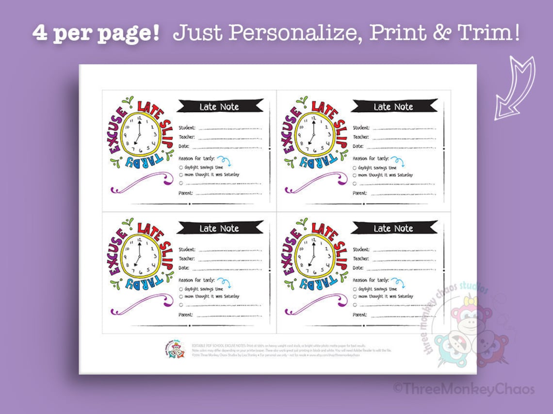 Late / Tardy Note | School Excuse Note | Note for Teacher | Editable ...
