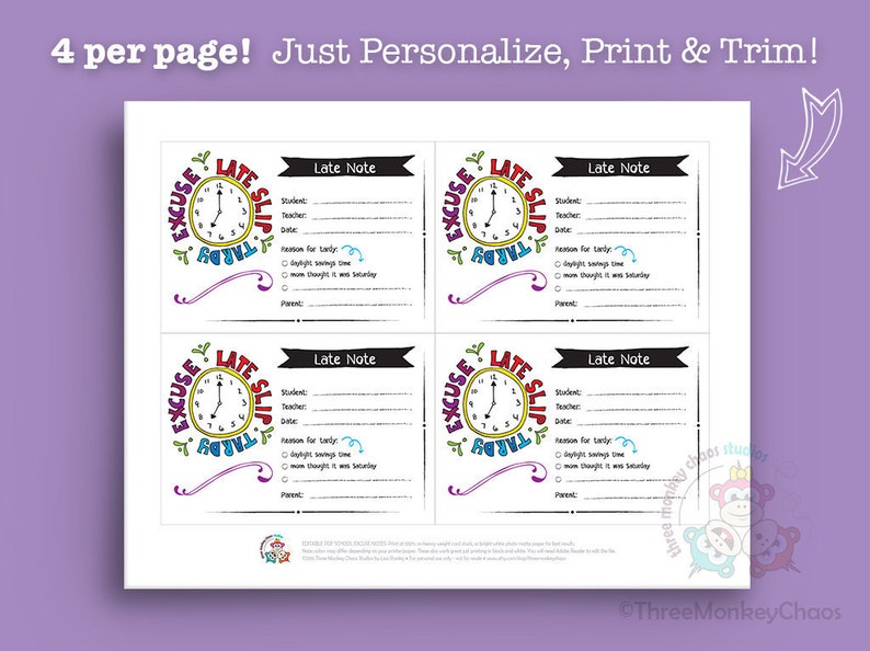 Late / Tardy Note | School Excuse Note | Note for Teacher | Editable ...