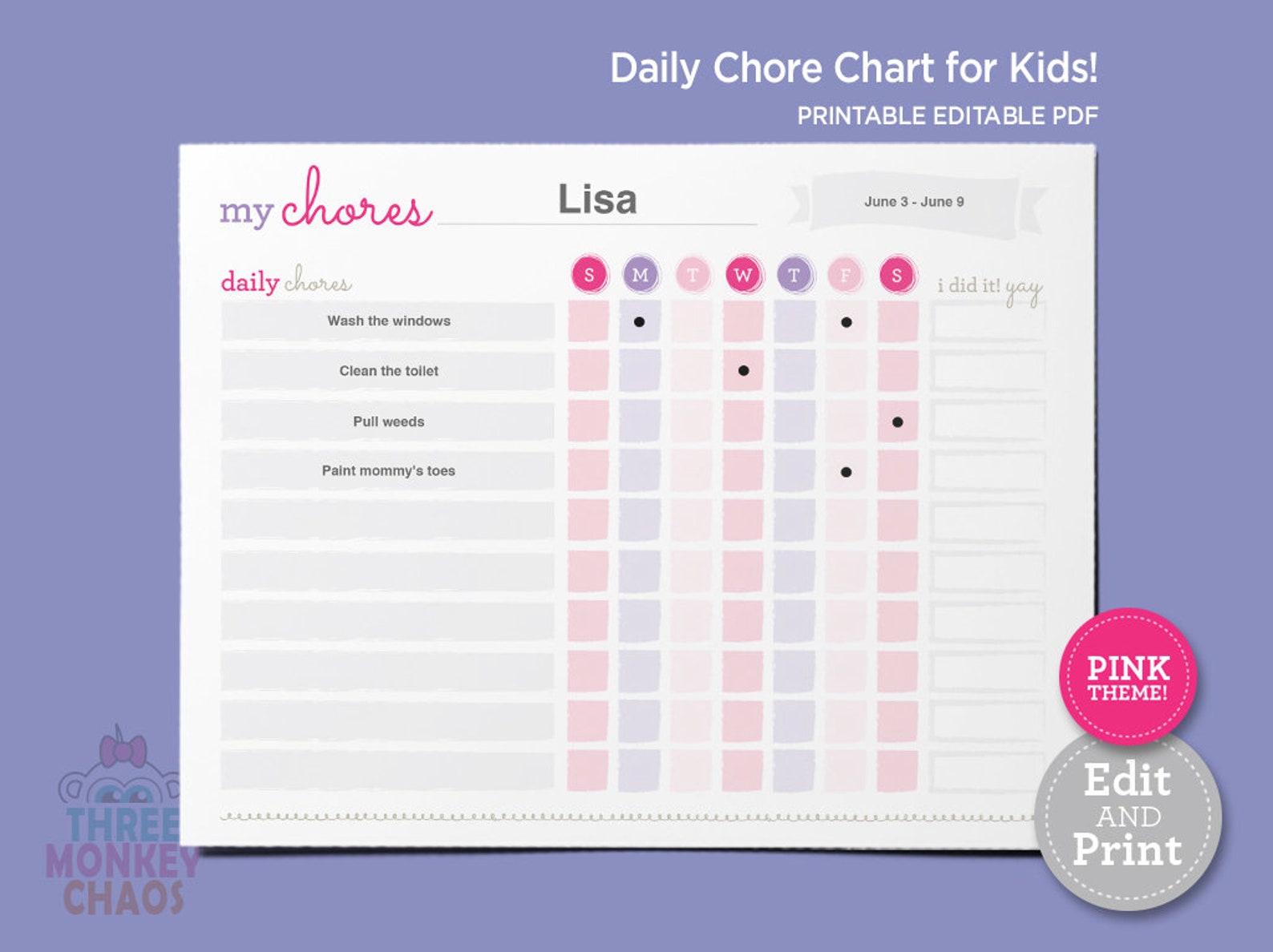 PINK - Chore Chart for Kids | Weekly Chores | Daily Job Chart | Kids ...