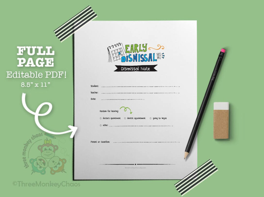 FULL PAGE - Early Dismissal Note | School Excuse Note | Note for ...