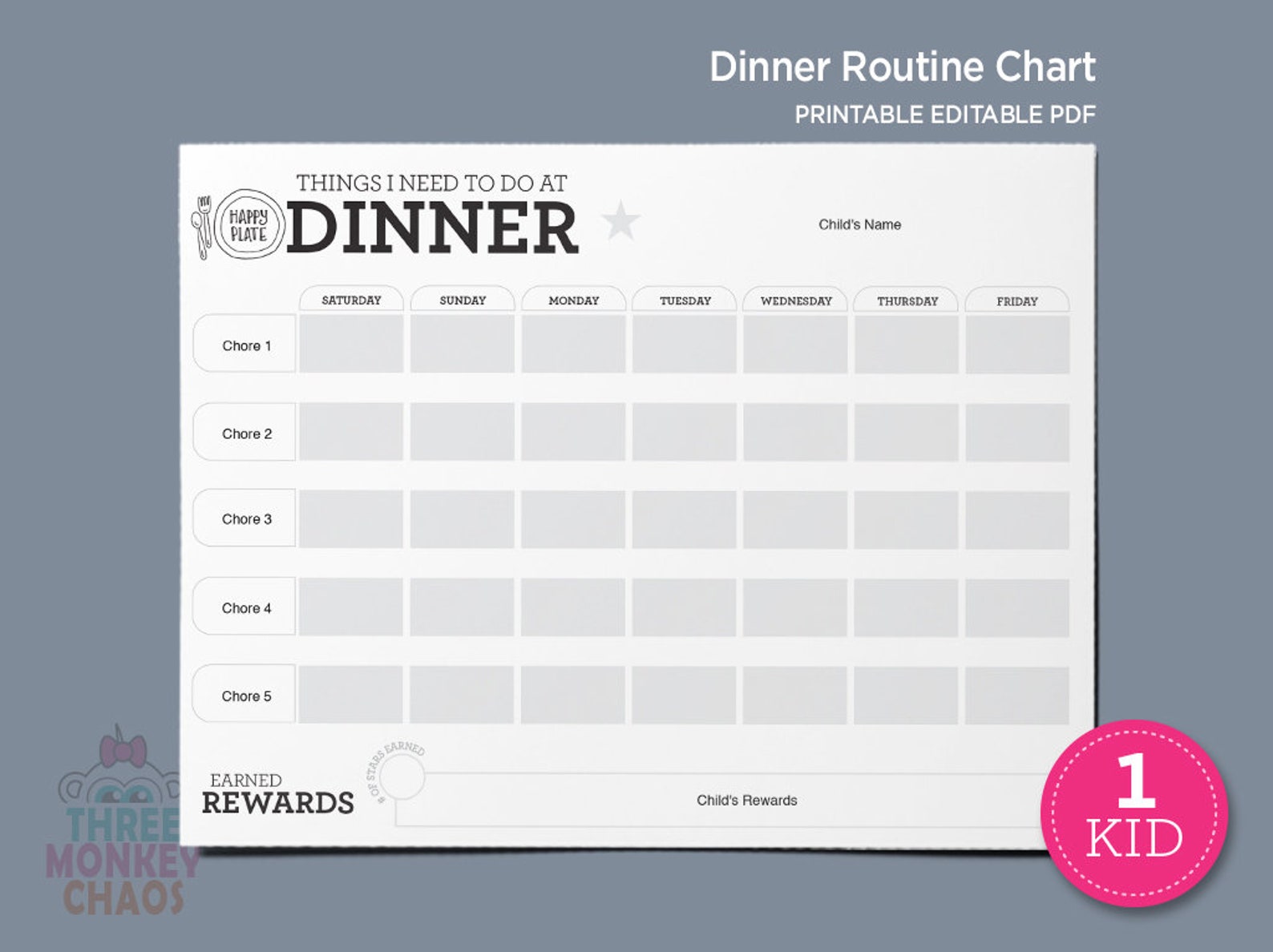 1 Kid DINNER Routine Chart Reward Chart Chore Chart | Etsy