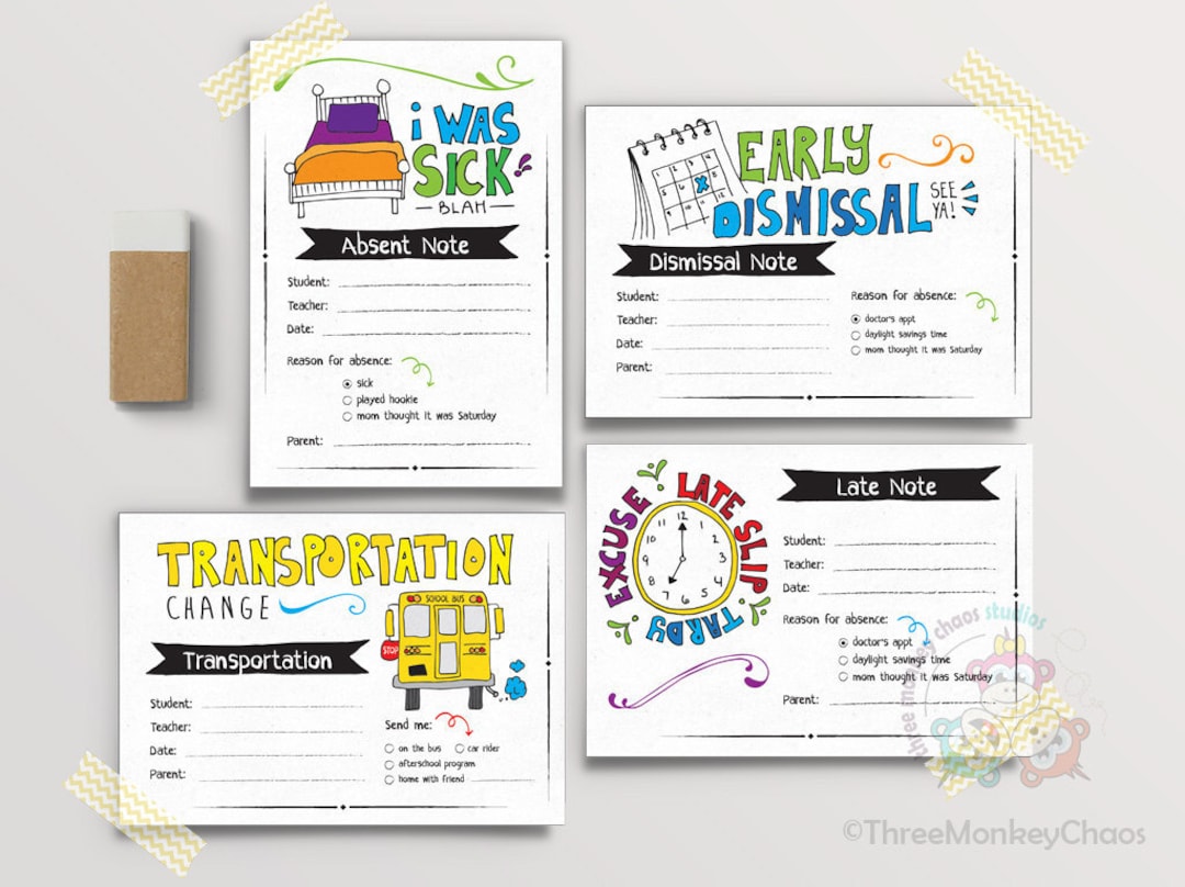 School Excuse Notes - Set of 4 | Note for Teacher | Editable Digital ...