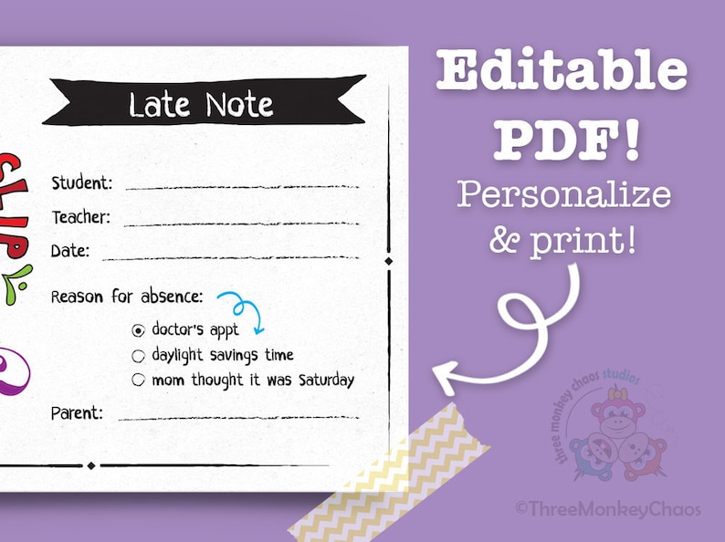 Late / Tardy Note | School Excuse Note | Note for Teacher | Editable ...