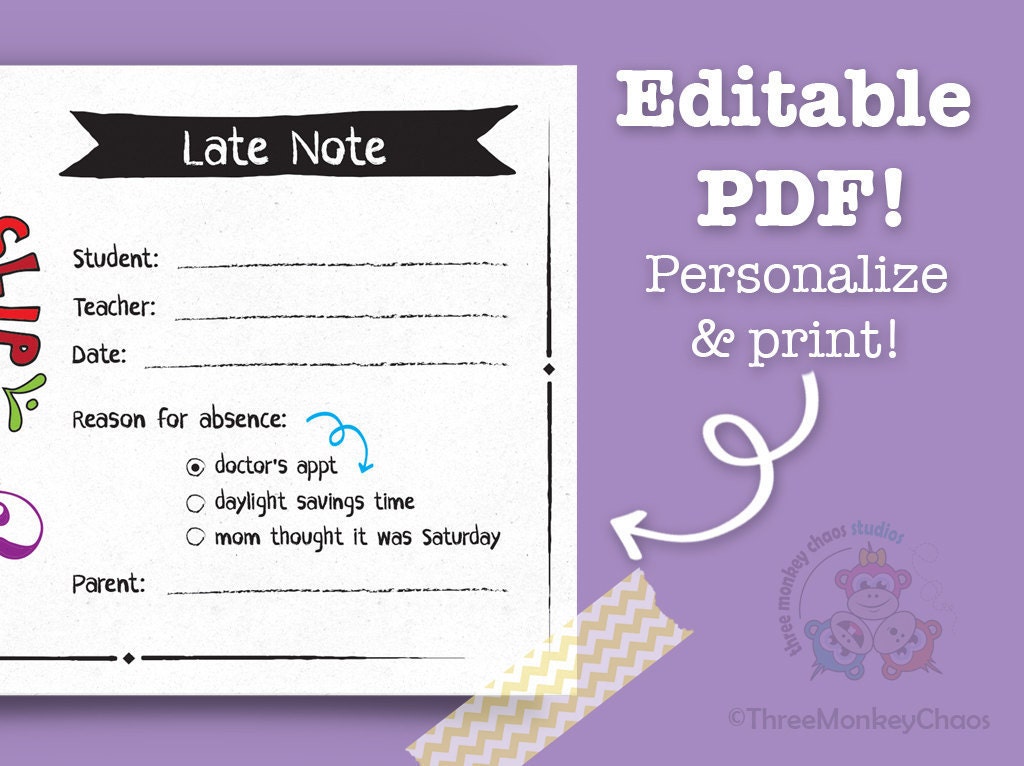 Late / Tardy Note | School Excuse Note | Note for Teacher | Editable ...