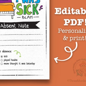 Absent /sick Note | School Excuse Note | Note for Teacher | Editable ...