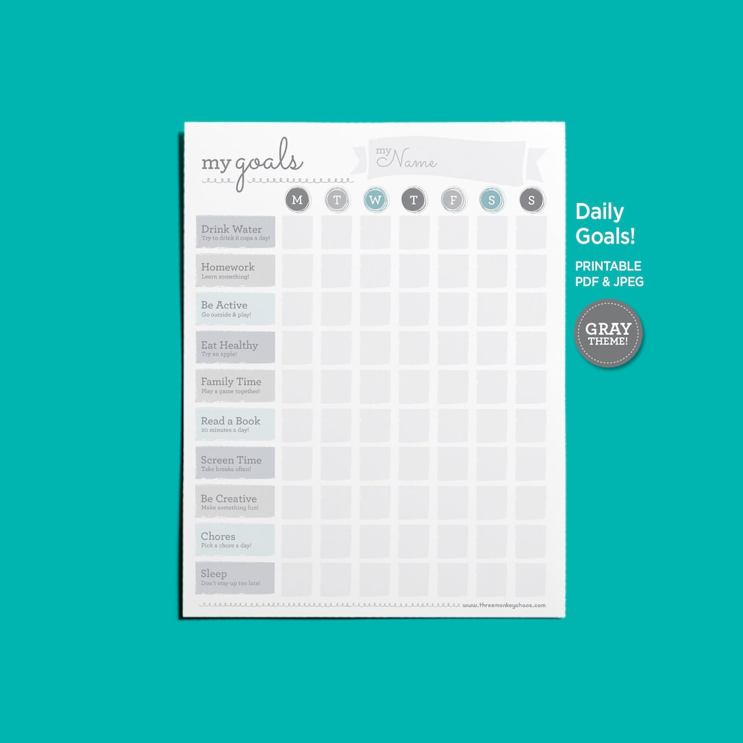 PRINTABLE Daily Goals - Gray | Habit Tracker | Daily Routine | Kids ...