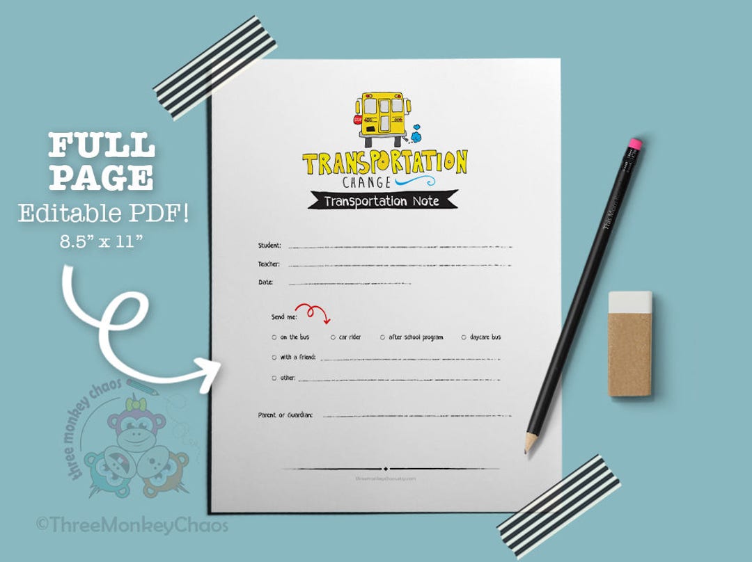 FULL PAGE - Transportation Change | School Excuse Note | Note for ...
