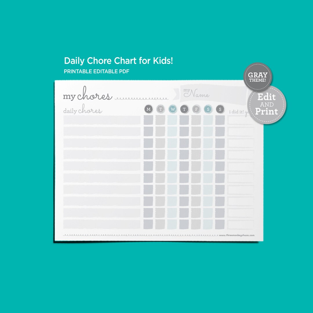 PRINTABLE Daily Chore Chart - Gray | Jobs for Kids | Kids ...