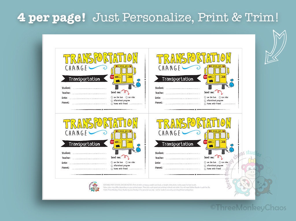 Transportation Change | School Excuse Note | Note for Teacher ...