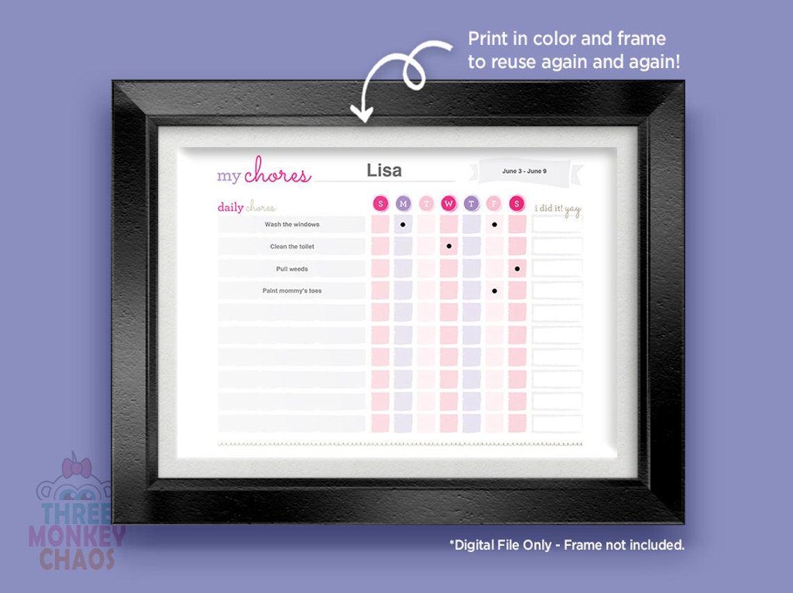 PINK Chore Chart for Kids Weekly Chores Daily Job Chart Kids Rewards ...