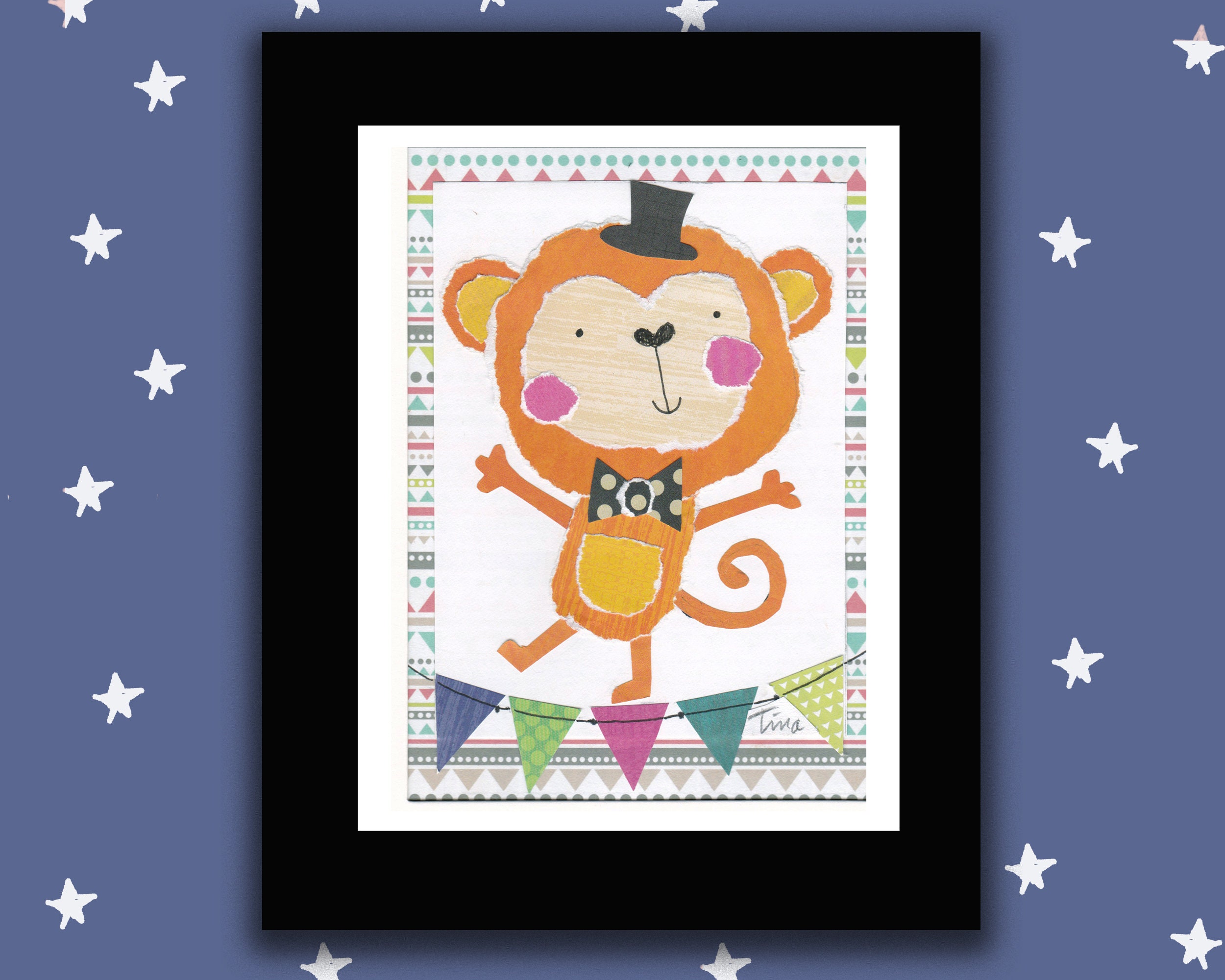 Framed and Matted Dancing Monkey Wall Art/cute Circus Monkey/torn Paper ...