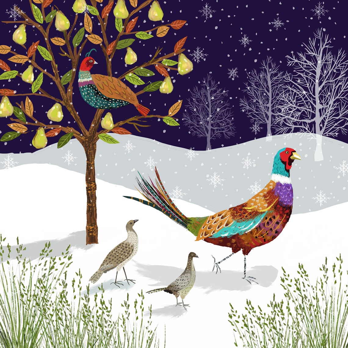 Holiday Pheasant and Partridge in Pear Tree in the Snow DIGITAL CARD - Etsy