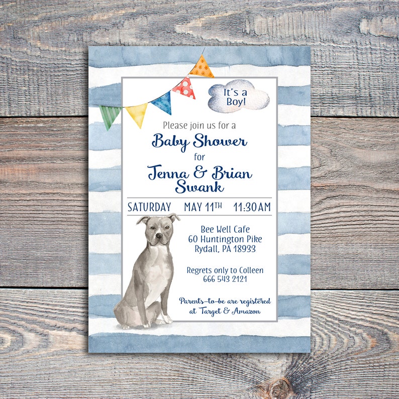 Pitt Bull Baby Shower Invitation in Pink or Blue / Pitbull Dog Baby ...