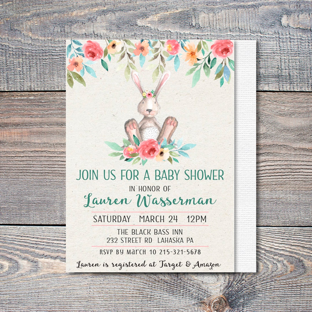 Bunny Baby Shower Invitation With Peach Floral, Printable Rabbit Baby ...